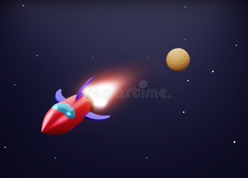 Rocket Flying in Space with Moon and Stars - 3 D Cartoon Image Stock ...