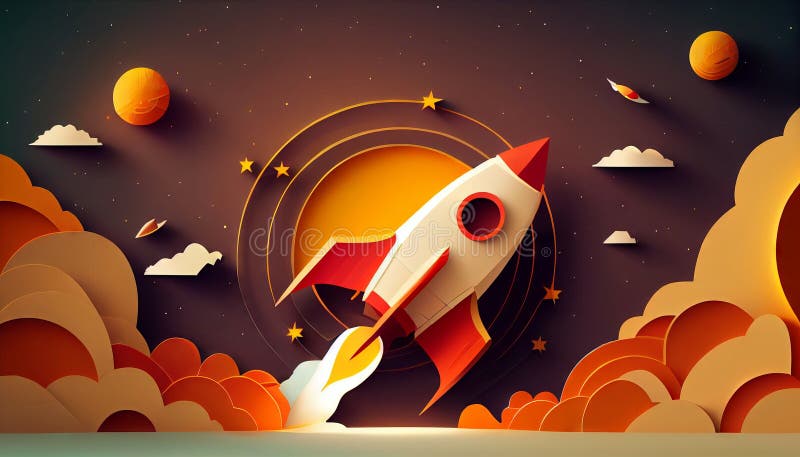 Rocket Flying in the Space. Paper Art Style Stock Illustration ...