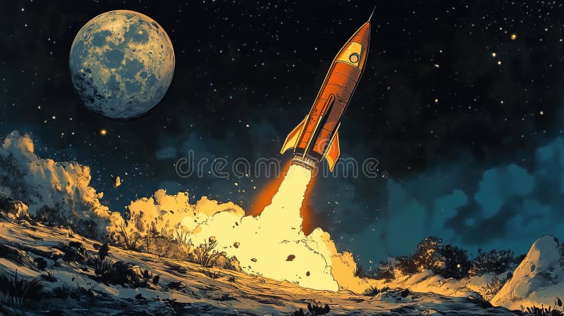 Rocket Flying To the Moon, Comic Art Stock Photo - Image of rocketship ...