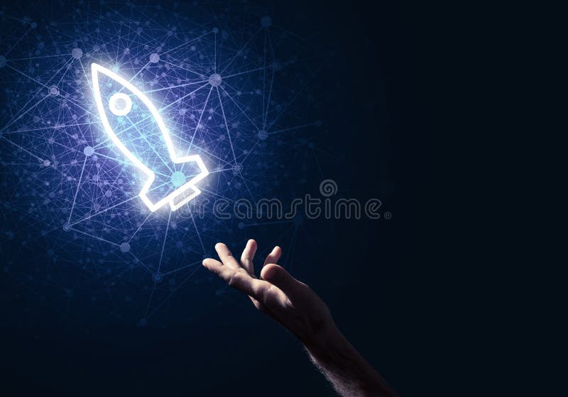 Man Palm Presenting Rocket Web Icon As Technology Concept Stock Image ...