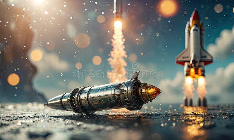 A Rocket is on the Ground with a Space Shuttle Flying in the Background ...