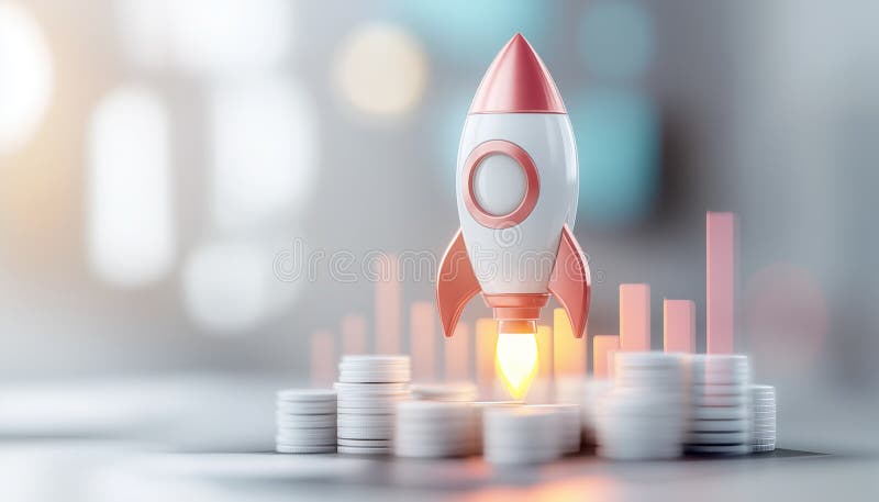 Rocket Icon and Coin Stacks, 3D Illustration. Concept of a Start-up ...