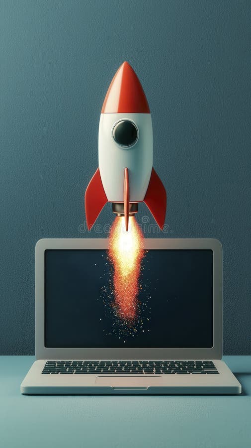 Rocket Igniting with Sparks Above Laptop Screen Stock Illustration ...
