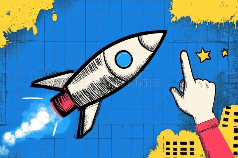 Rocket Illustration with Hand Pointing, Vibrant Colors, and Pop Art ...