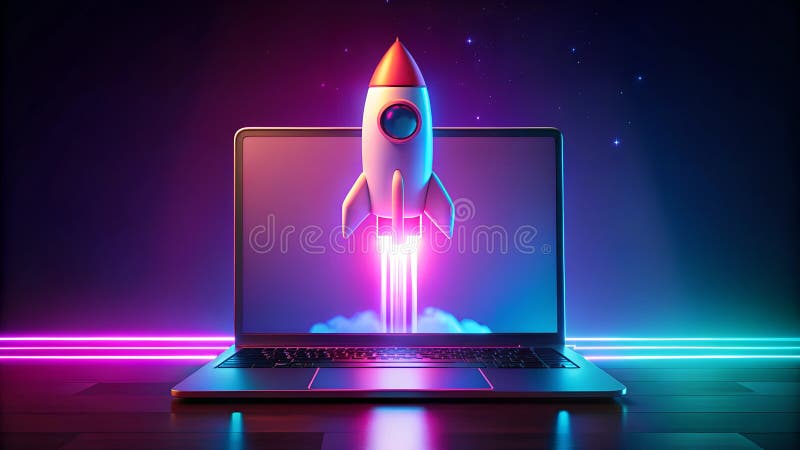 Rocket Illustration Popping Out of Laptop Screen Stock Photo - Image of ...