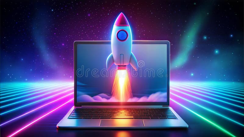 Rocket Illustration Popping Out of Laptop Screen Stock Image - Image of ...