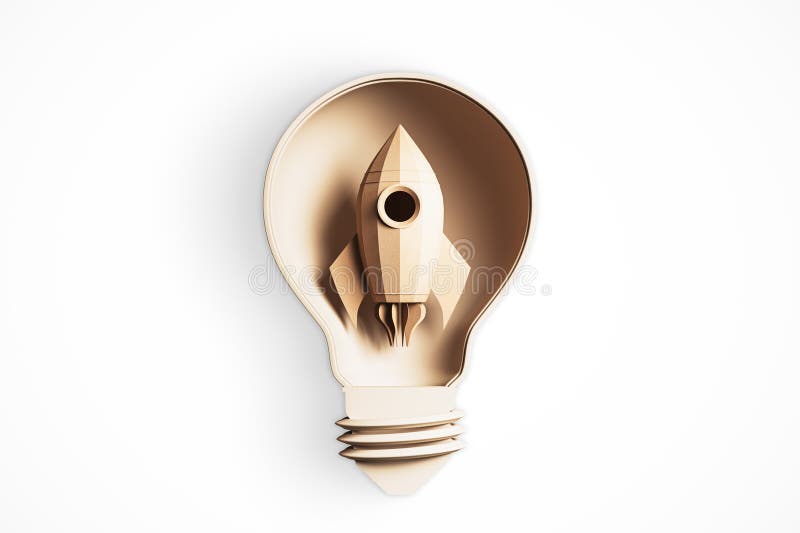Rocket Inside a Light Bulb on a White Background. 3D Rendering Stock ...