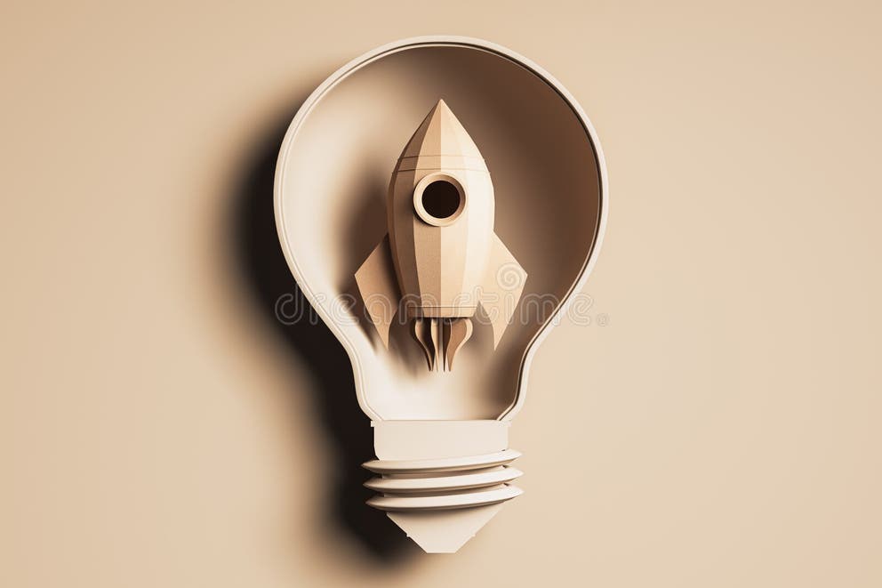 Rocket Inside a Lightbulb on Beige Background Representing Startup ...