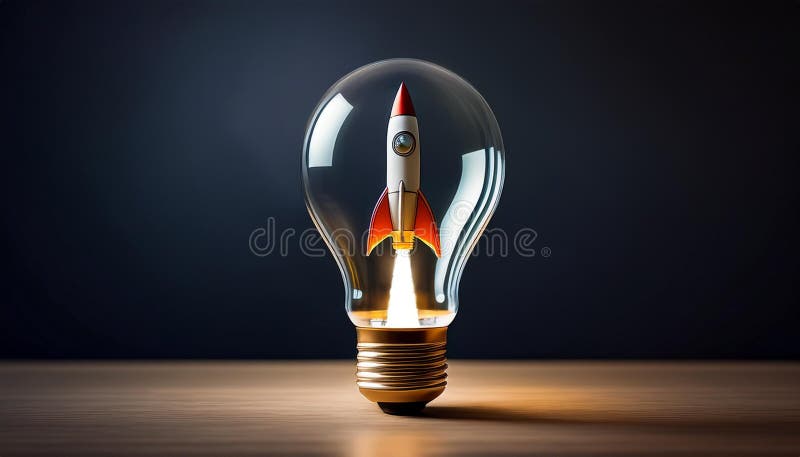 Rocket Inside a Lightbulb on a Dark Background, Symbolizing Startup ...