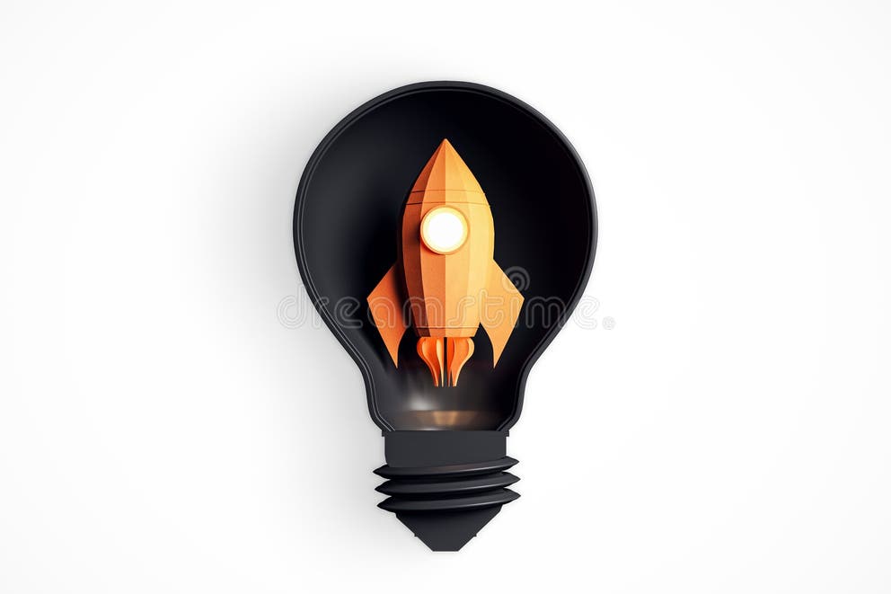 Rocket Inside a Lightbulb Symbolizing Innovation and Creativity. 3D ...
