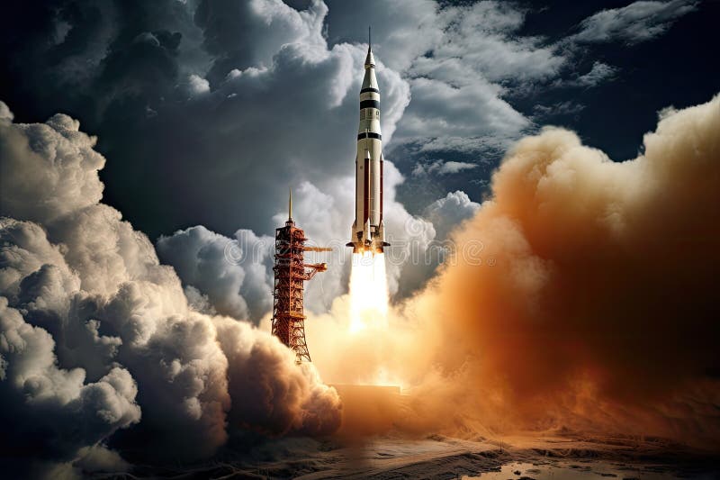 A Rocket after Its Launch, Leaving the Earth Under Clouds Stock ...