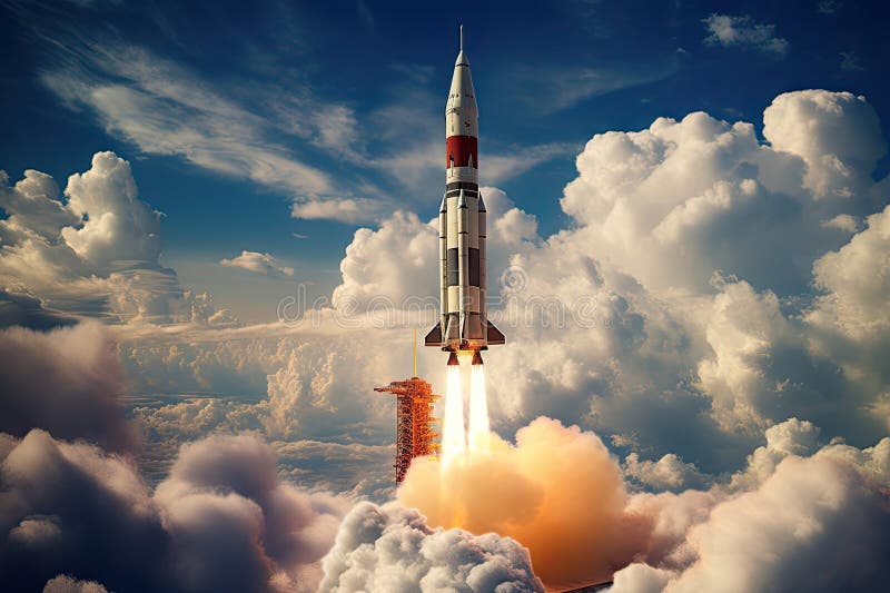 A Rocket after Its Launch, Leaving the Earth Under Clouds Stock ...
