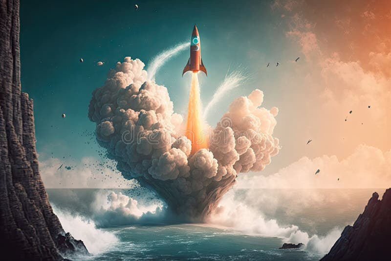 Rocket Jumping from Cliff into the Ocean Below, with Spray Flying in ...