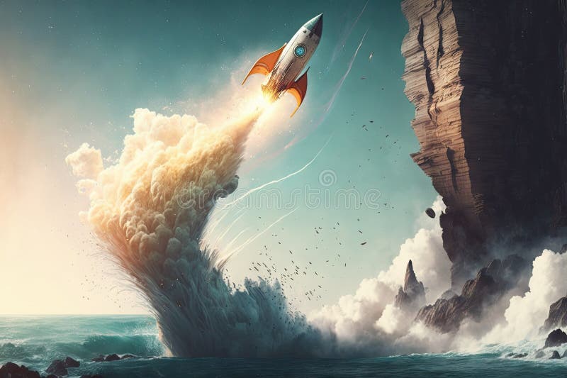 Rocket Jumping from Cliff into the Ocean Below, with Spray Flying in ...