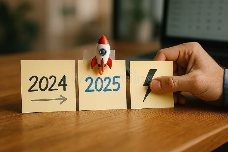 Rocket Jumping from 2024 To 2025 Sticky Notes with Arrow and Lightning ...