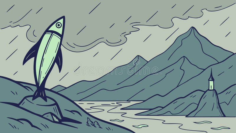 Rocket Landing in Rainy Mountains, Stormy Space Scene, Vector Design ...