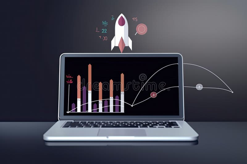 Rocket from Laptop Start Up Concept.Abstract Business Chart with Line ...