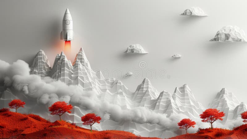 Rocket Launch Above Surreal Landscape with Red Trees, Paper Mountains ...