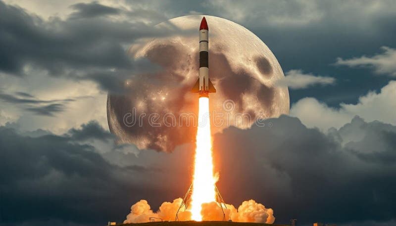 A Rocket Launch Against a Backdrop of a Large Moon and Cloudy Sky Stock ...