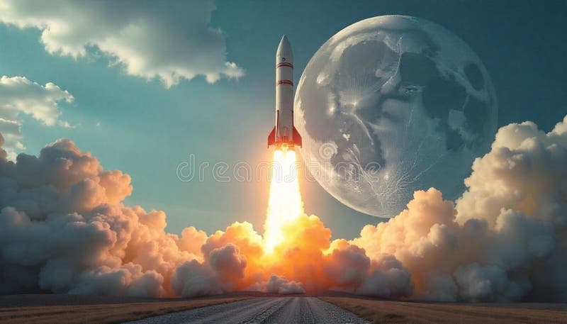 A Rocket Launch Against a Backdrop of a Large Moon and Cloudy Sky Stock ...