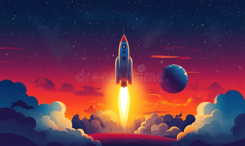 Rocket Launch Against Cosmic Backdrop, Vibrant Colors, Starry Sky ...