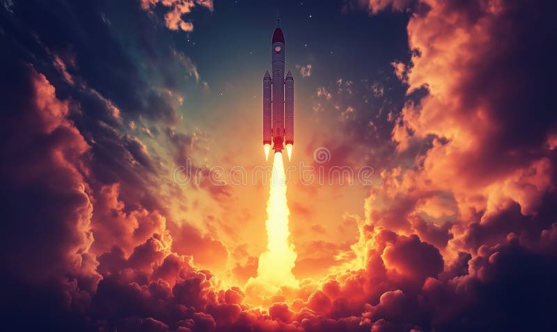 Rocket Launch Against Dramatic Sunset Sky with Clouds and Vibrant Colors Stock Image - Image of ...