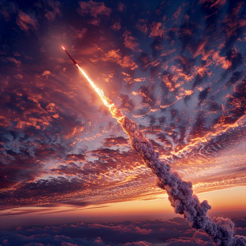 Rocket Launch Against a Dramatic Sunset Sky Overlooking the Ocean Stock ...