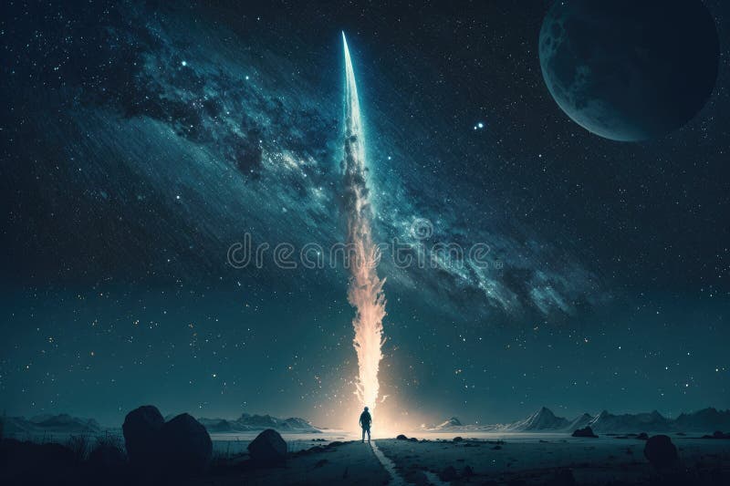 Rocket Launch, with View of the Futuristic City Skyline in the ...