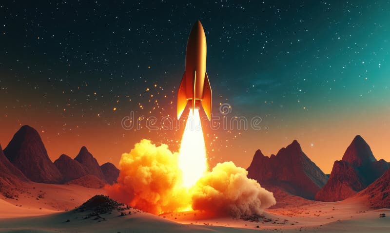 Rocket Launch Against Starry Sky and Mountain Landscape, Vibrant Colors ...