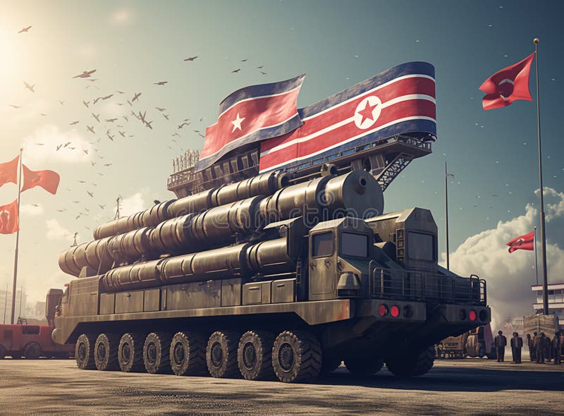 Rocket Launch on the Background of North Korean Flag. 3D Illustration ...