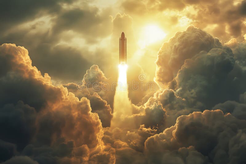 Rocket Launch Amidst Clouds at Sunset Stock Image - Image of atmosphere ...