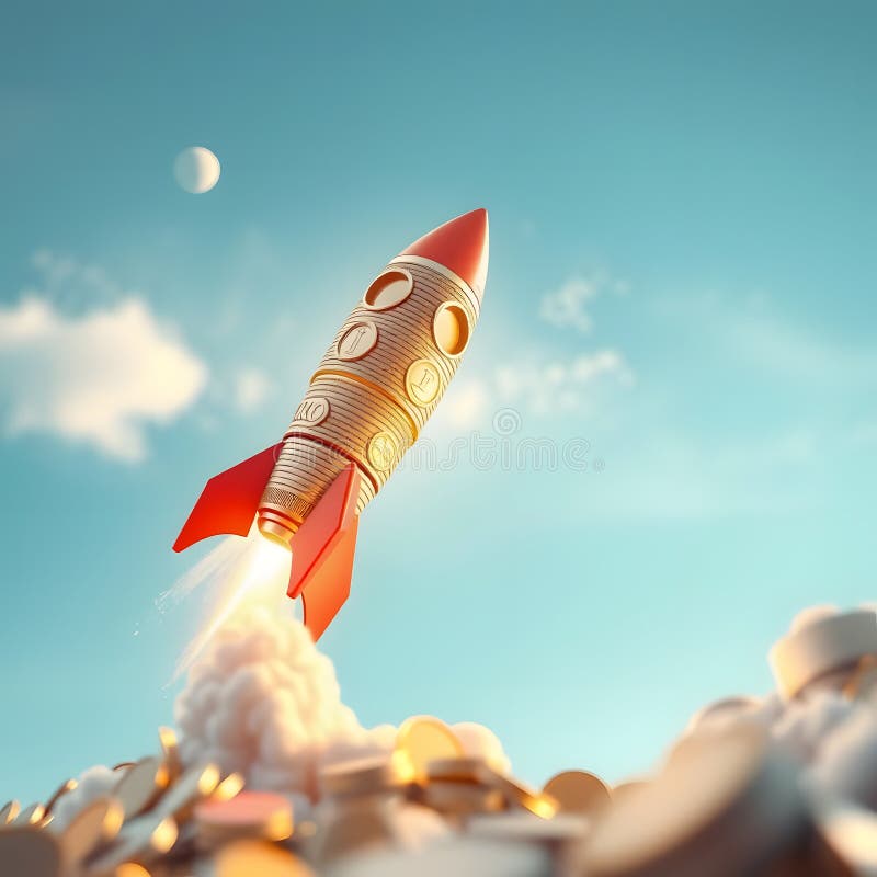 Rocket Launch Amidst Coins Under a Clear Blue Sky in a Whimsical ...