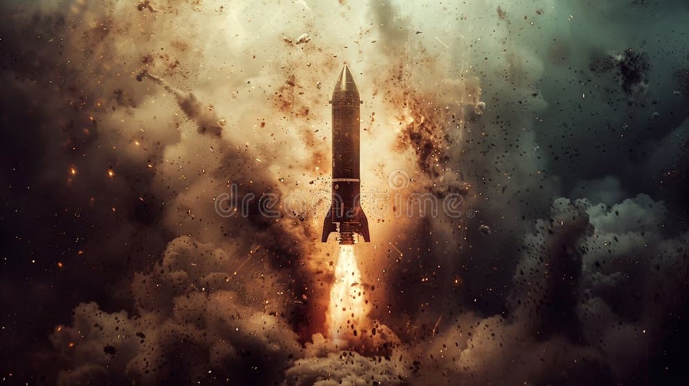 Rocket Launch Amidst Explosive Clouds in a Dramatic Night Sky Stock ...