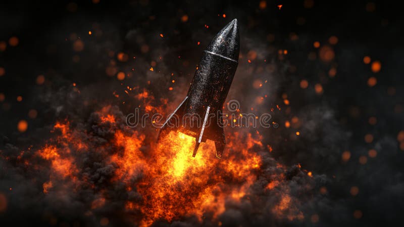 Rocket Launch Amidst Fiery Explosion and Smoke. Stock Illustration ...