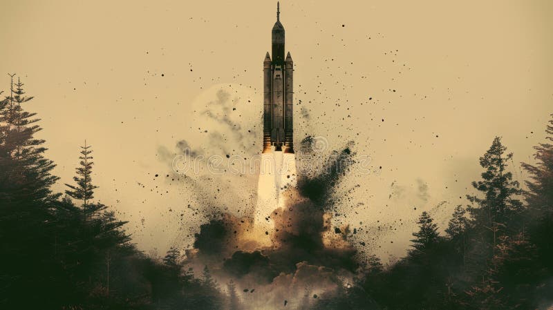 Rocket Launch Amidst Forest, Surreal Landscape with Dust and Debris ...