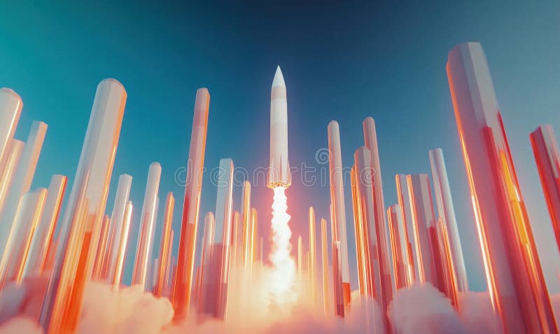 Rocket Launch Amidst Futuristic Metallic Structures, Vibrant Colors ...