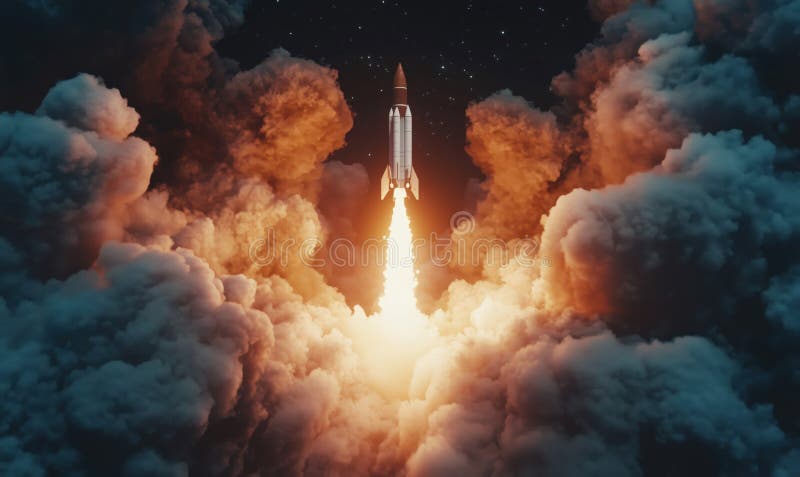 Rocket Launch Amidst Vibrant Clouds and Starry Sky, Showcasing Powerful ...
