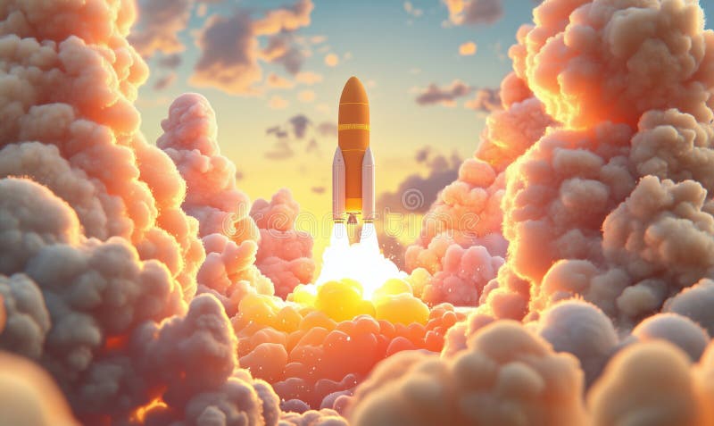 Rocket Launch Amidst Vibrant Clouds and Sunset Sky, Showcasing Powerful Ascent Stock Image ...
