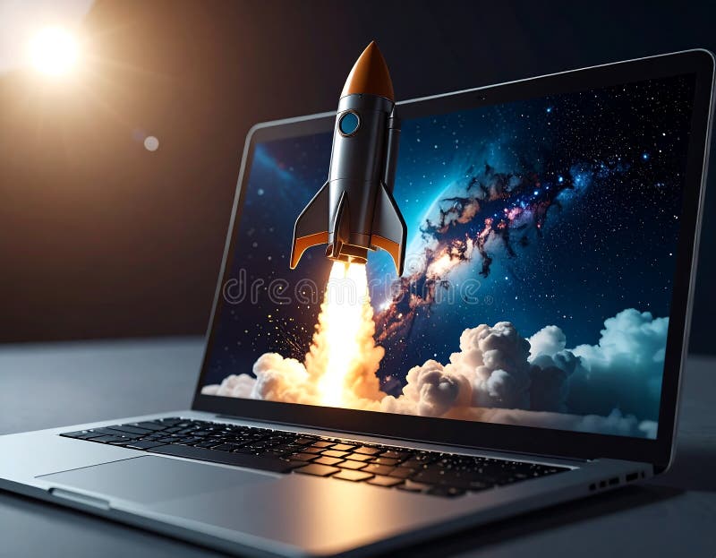 Rocket Launch Animation Displayed on a Laptop with Starry Sky ...