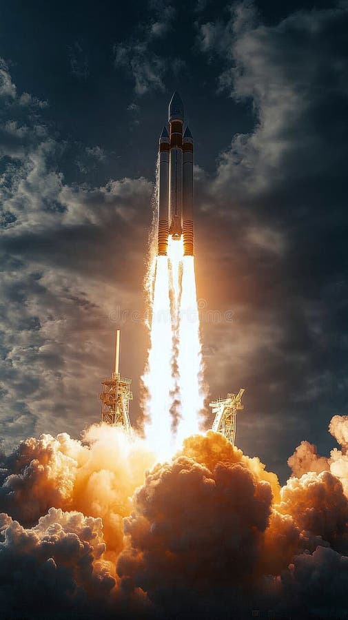 Rocket Launch Ascends through Clouds, Showcasing Powerful Engines and ...