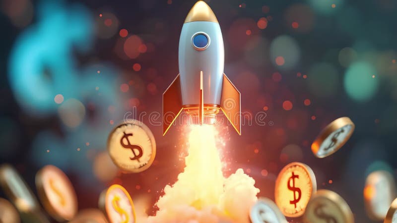 Rocket Launch with Backfire, Surrounded by Coins with Dollar Sign ...