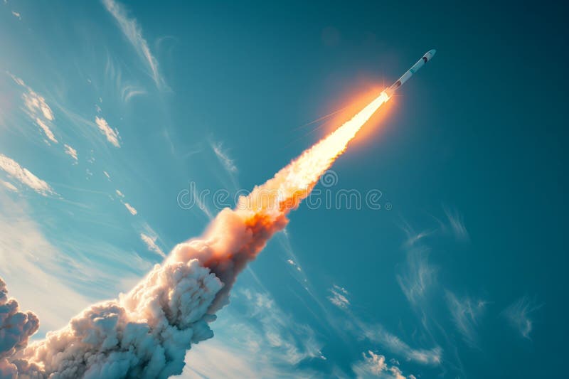 Rocket Launch into Blue Sky with Fiery Trail Stock Photo - Image of ...