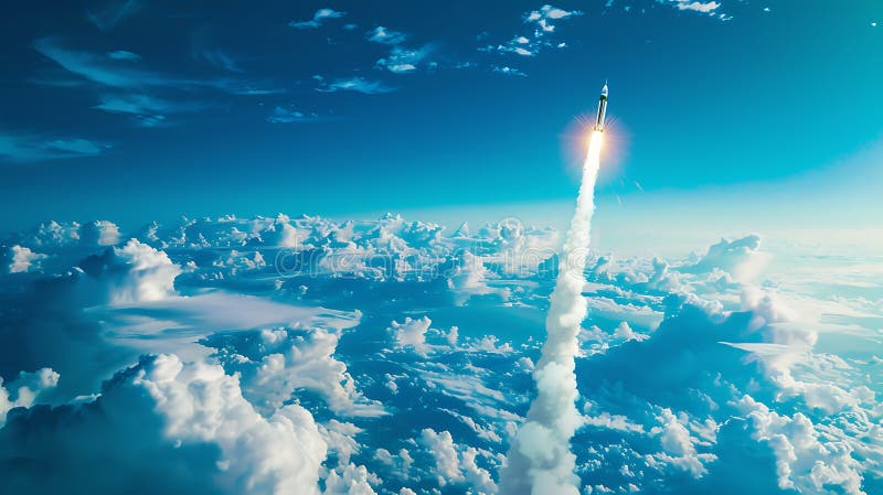 Rocket Launch into the Blue Sky with White Clouds from the Ground Stock ...