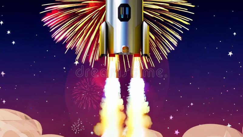 Rocket Launch Celebration with Fireworks Display in a Starry Night Sky ...