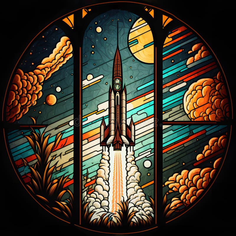 Rocket Launch, Center Composition, Style of Stained Glass, Neural ...