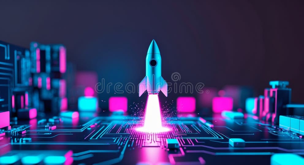 Rocket Launch on Circuit Board Technology Startup, Innovation and Progress Concept Stock Photo ...
