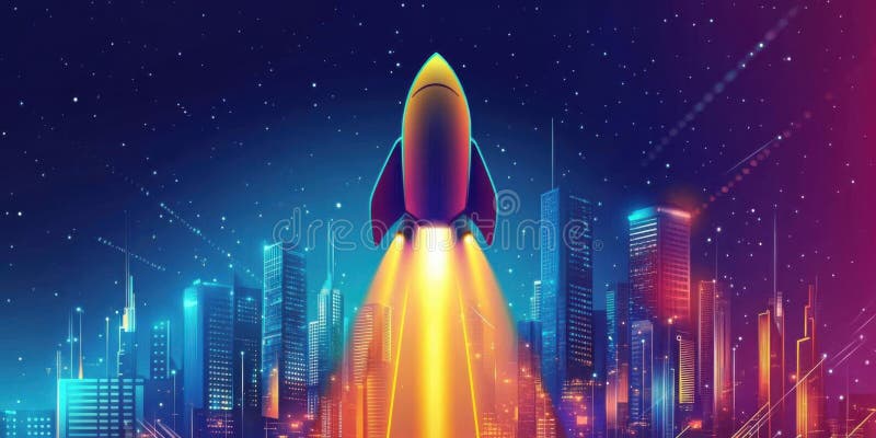 Rocket Launch Cityscape Night Stock Illustration - Illustration of powerful, energy: 376242821