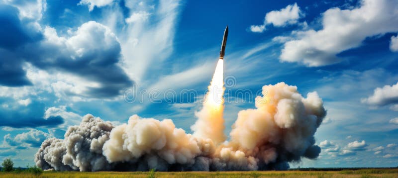 Rocket Launch into the Clear Blue Sky Surrounded by Clouds and Smoke at ...