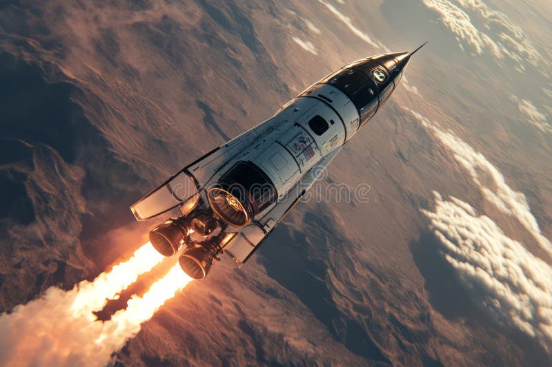 Rocket Launch through Clouds with Fiery Trail at Dusk. AI Generative ...