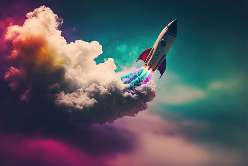 Rocket Launch in the Clouds and Flames. Space Ship Taking Off, Starting ...